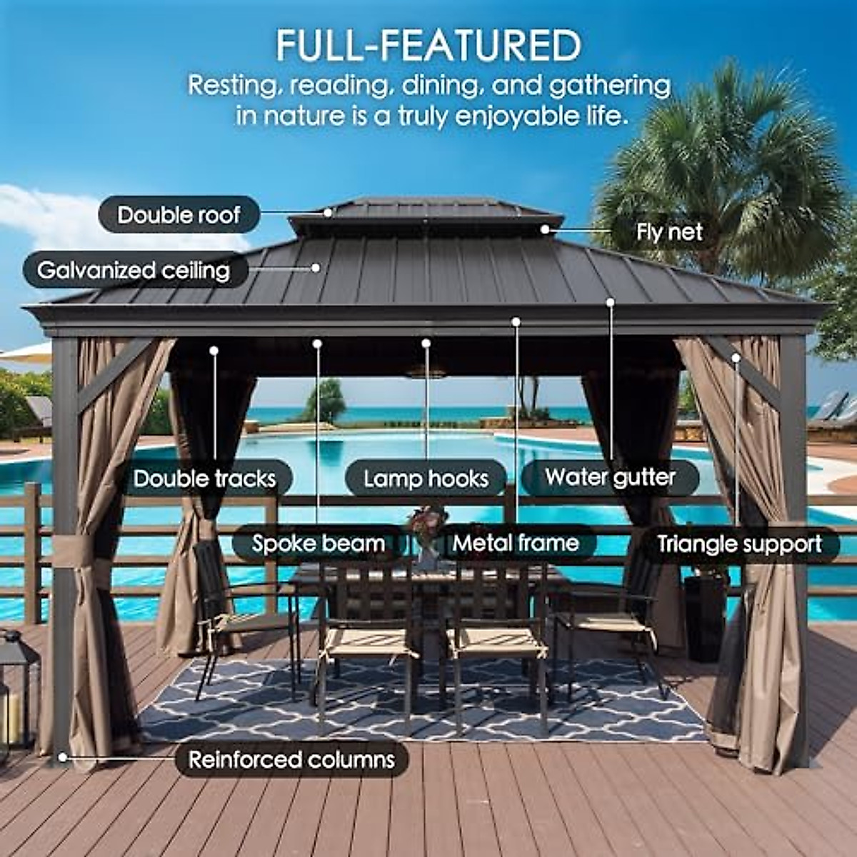 Kozyard Alexander Hardtop Aluminum Permanent Gazebo with a Mosquito Net and Privacy Sidewalls (Alexander 12'x16' (Brown)