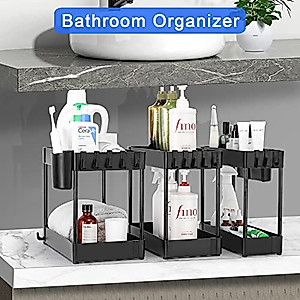 Under Sink Organizer and Storage, 3 Pack 2 Tier Cabinet Basket Shelf Organizer Drawer, Multi-Purpose Under Kitchen Bathroom Organization Storage Rack with Hooks, Hanging Cup, Dividers, Black