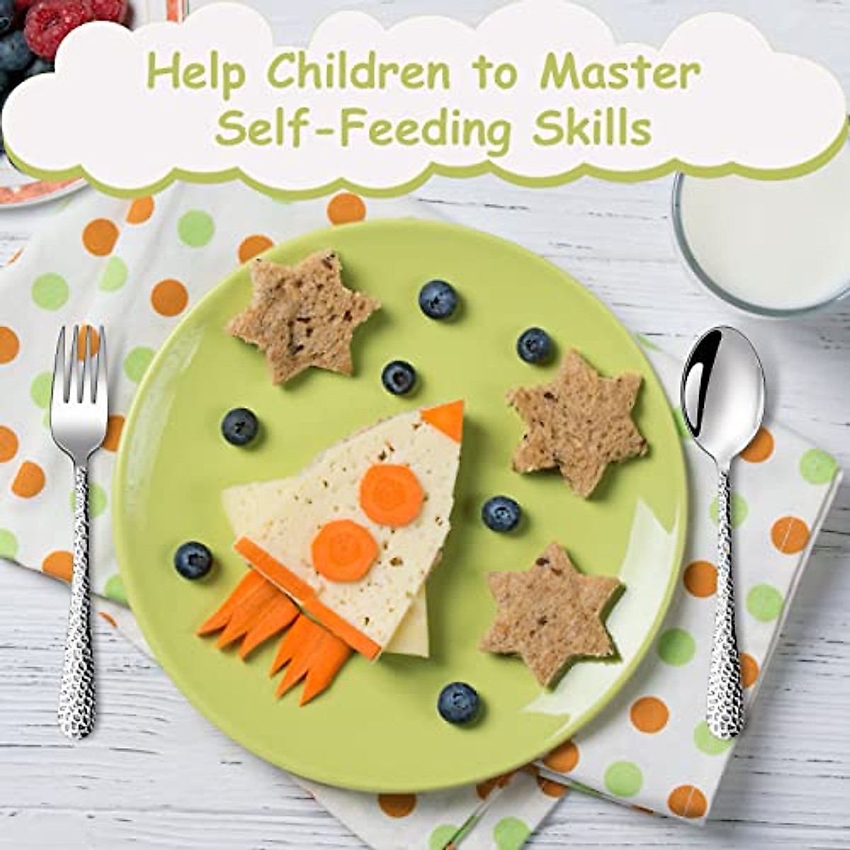 TeamFar Toddler Utensils, Stainless Steel Kids Silverware Children Spoons & Forks for Self Feeding at Home & Preschool, Healthy, Mirror Polished & Hammered Handle, Dishwasher Safe, Set of 6