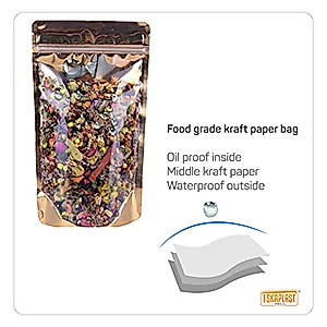 50 Pcs Resealable Bags, Kraft Stand Up Pouches, Zip Lock Storage & Packaging Bag, Food Storage Bags, Reusable Ziplock Bags with Window (Transparent Gold, 11x18.5 cm (4.3x7.2 inch))