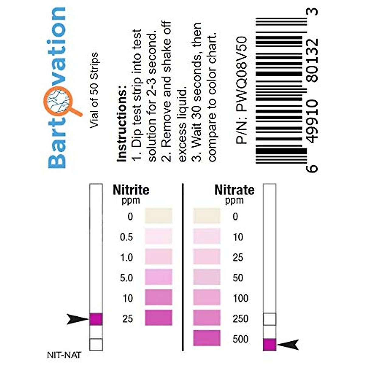 Nitrite 0-25 ppm, Nitrate 0-500 ppm Two Pad Test Strip [Vial of 50 Strips]