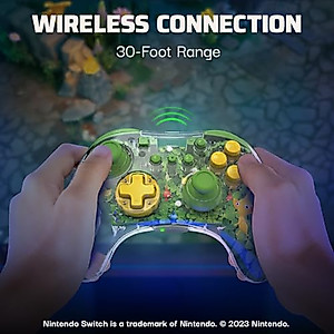 PDP REALMz™ Wireless Nintendo Switch Pro Controller, Customizable LED, 40 Hour Rechargeable Battery Power, 30 Foot Connection, Officially Licensed by Nintendo: Pikmin Clover Patch (Green)