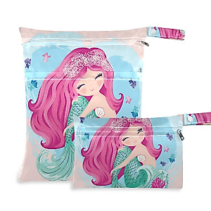 Qilmy 2pcs Mermaid Cloth Diaper Wet Dry Bag Waterproof Reusable Wet Dry Organizer with Zipper for Travel, Beach, Pool, Diapers, Gym Clothes, Wet Swimsuits