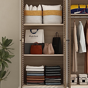 ECACAD 4 Doors Wardrobe Armoire with Louver Doors, Storage Shelves, 4 Drawers & Hanging Rod, Wooden Closet Storage Cabinet for Bedroom, Brown & White (63”W x 19.7”D x 74.8”H)