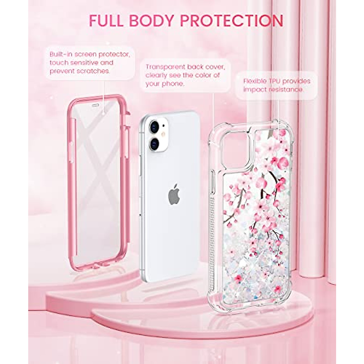 Caka Case for iPhone 11 Glitter Case Flower Bling Liquid Protective Full Body Heavy Duty with Built in Screen Protector Love Glitter Pink Blossom for Women Girl Case for iPhone 11 (6.1 inch)(Cherry)