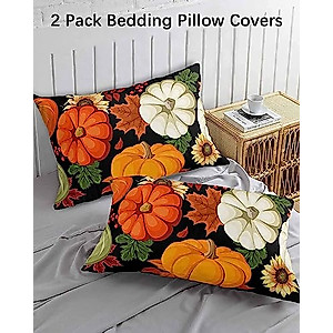 Edwiinsa Thanksgiving Pillow Covers King Standard Set of 2 Bed Pillow, Farmhouse Black Pumpkin Maple Leaves Plush Soft Comfort for Hair/Skin Cooling Pillowcases with Envelop Closure 20''x36''