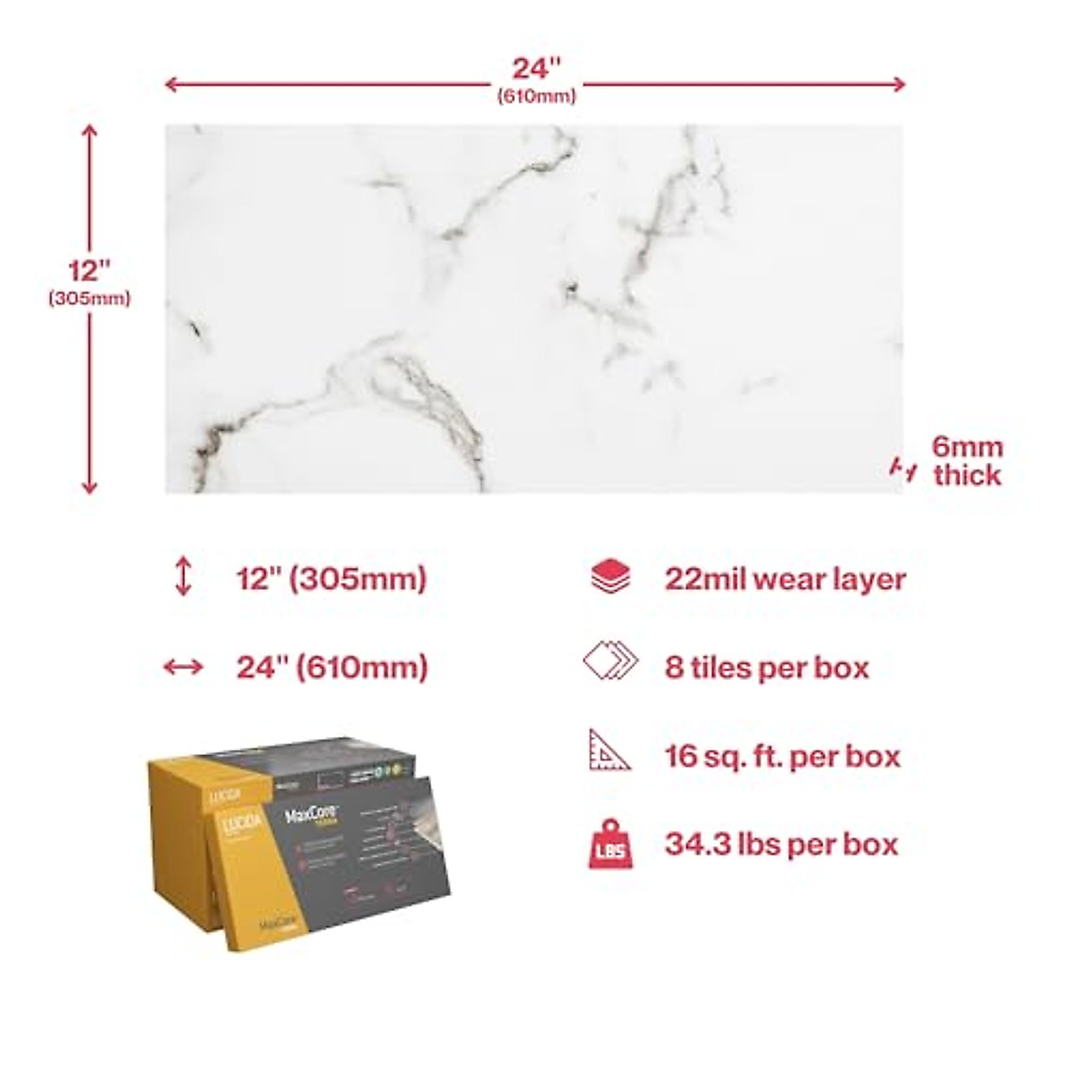 LUCiDA SURFACES Luxury Vinyl Flooring Tiles-Interlocking Flooring for DIY Installation-8 Stone-Look Planks-Calacatta-TerraCore-16 Sq. Feet, Box of 8 Tiles