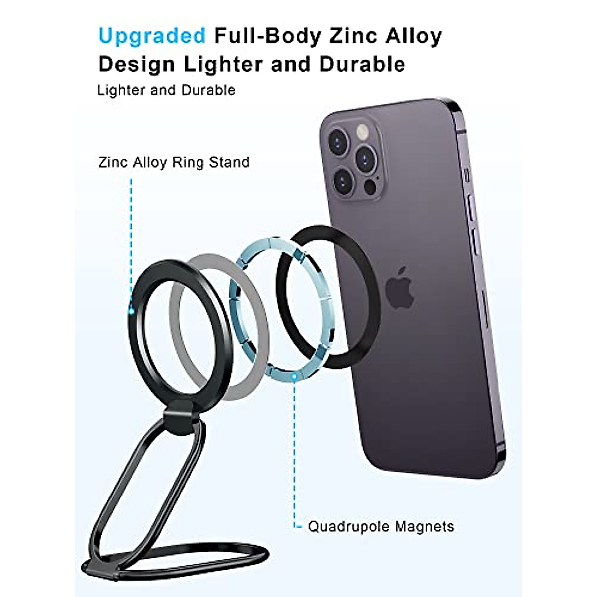 【2023 Upgraded】 Mag Safe Phone Ring Holder, SUPERONE Adjustable Magnetic Kickstand & Removable Phone Grip Compatible with Wireless Charging Only for iPhone 15 & 14 & 13 & 12 Series - Black
