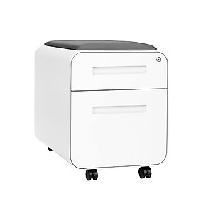 Laura Davidson Furniture STOCKPILE Mini Seated 2 Drawer Mobile File Cabinet with Removable Magnetic Cushion Seat - Short Version, Metal Filing Cabinet, Pre-Assembled, White with Grey Cushion