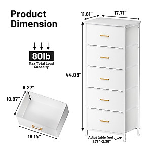 YILQQPER Tall Dresser with 5 Drawers, White Dresser for Bedroom, Tall Storage Tower for Closet, Nursery, Dorm, Dresser Organizer with Sturdy Steel Frame, Fabric Bins, Leather Finish, Wood Top, White