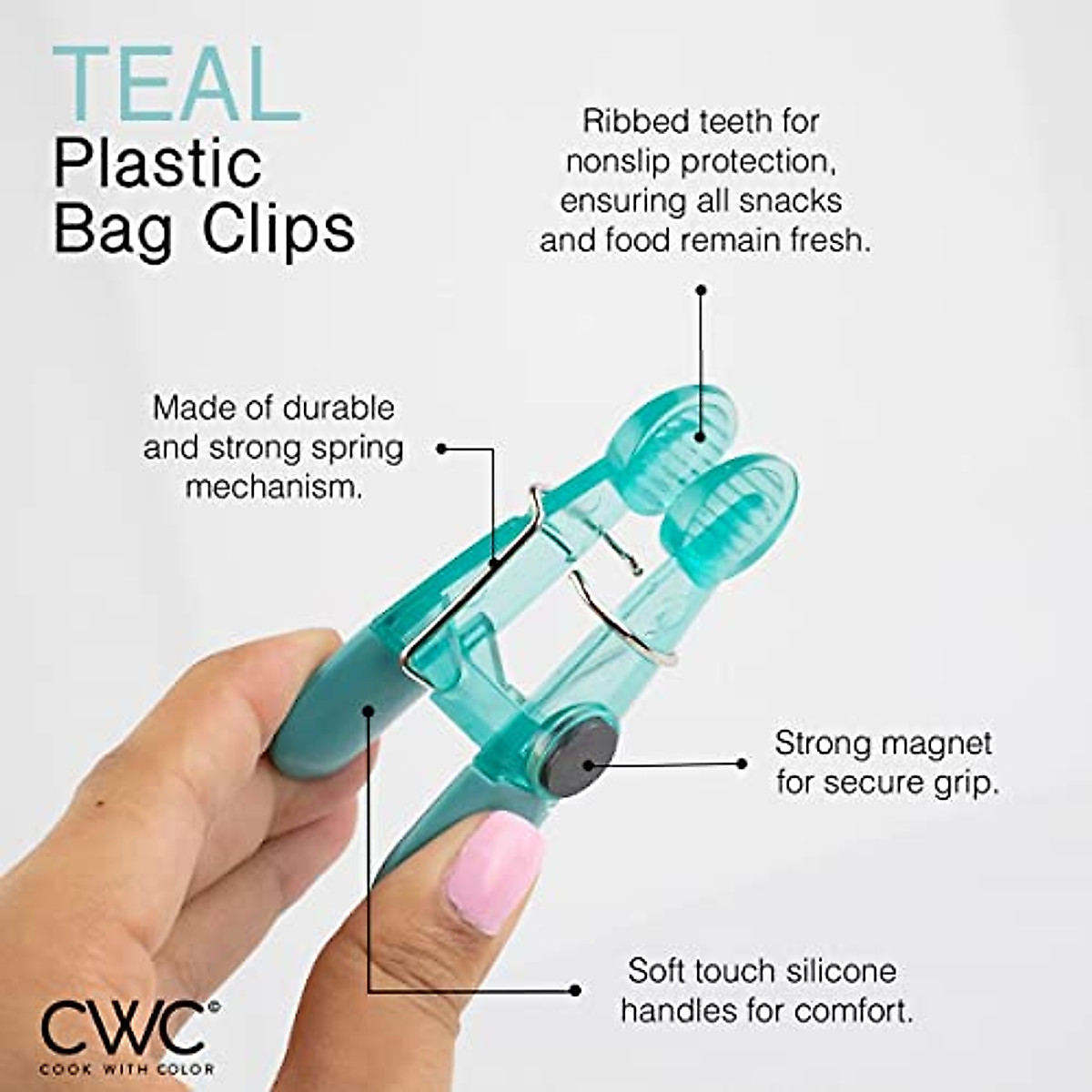 COOK WITH COLOR 10 Pc Chip Bag Clips with Magnet, Food Clips, Chip Clips, Bag Clips for Food Storage with Air Tight Seal Grip for Bread Bags, Snack Bags and Food Bags - (Teal)