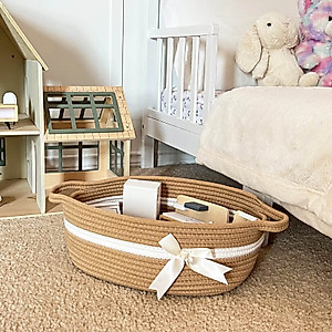 CHICVITA Small Woven Rope Gift Basket, Baby Nursery Storage Basket for Towels, Snacks, Toys, Diapers, Rectangle Shelf Basket for Bathroom, Cute Brown Basket, 13 x 9.8 x 5 inches