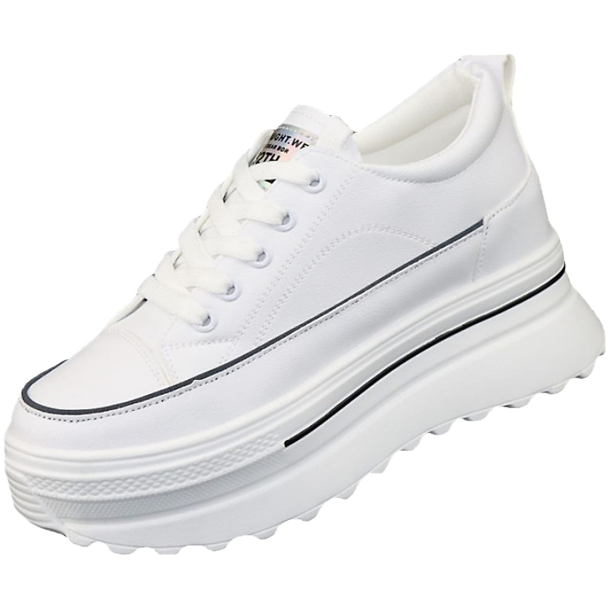 Hoxekle Womens Platform Sneaker Wedges Lace Up Shoe Modish Chunky Sneakers Invisible Height Increasing Leisure Athletic Shoe White