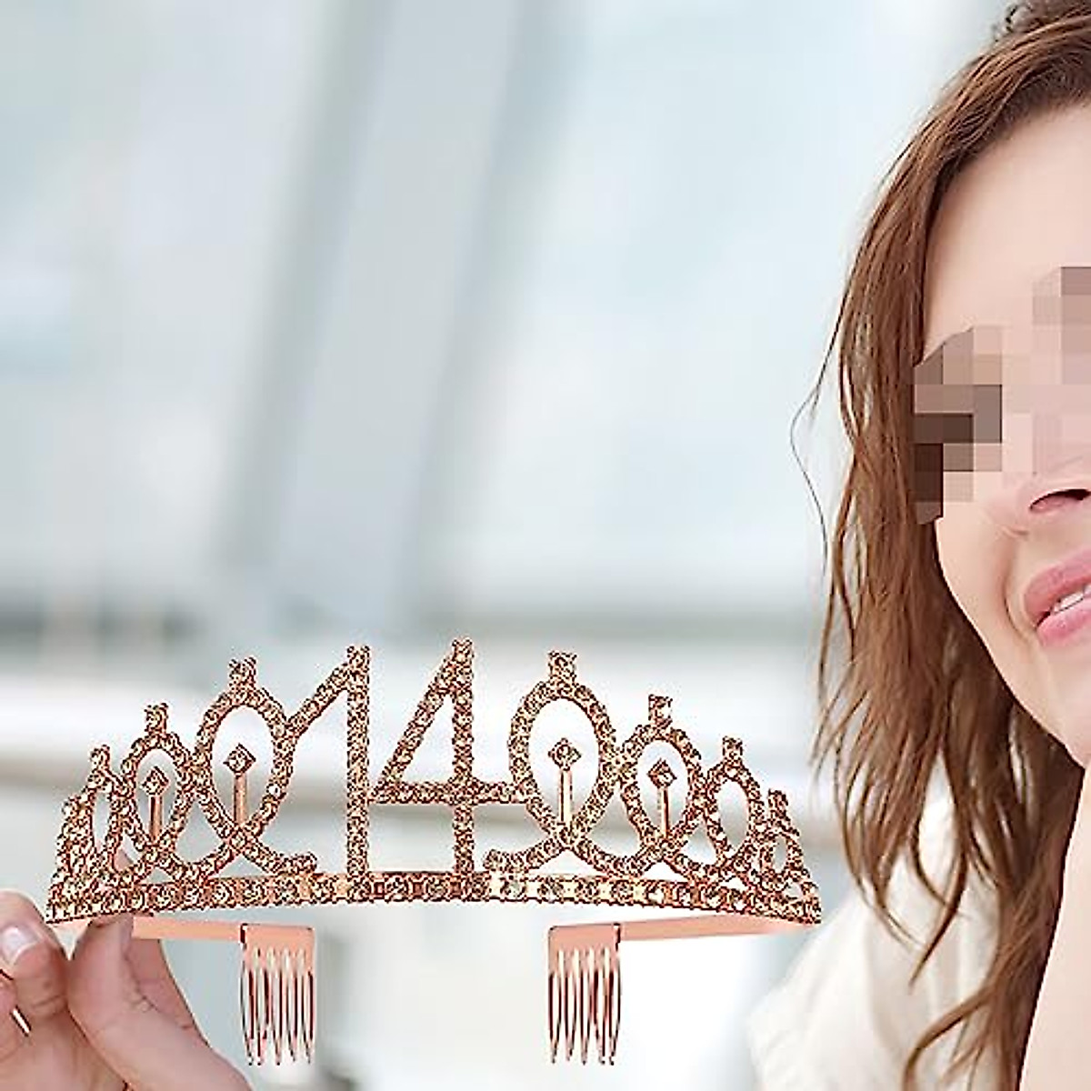 Ceqiny 14th Birthday Sash Tiara and Crowns for Girls, Birthday Queen Rose Gold Tiara, Princess Tiara Rhinestone Headbands with Combs Bridal Wedding Tiaras for Wedding Prom Bridal Party Christmas