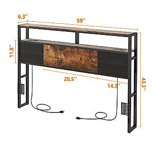 Livofloral Queen Size Headboard, Headboards with Charging Station, USB Port and LED Light, Head Board with 2-Tier Storage Shelf, Adjustable Height, Easy Assembly, Sturdy and Stable, Rustic Brown