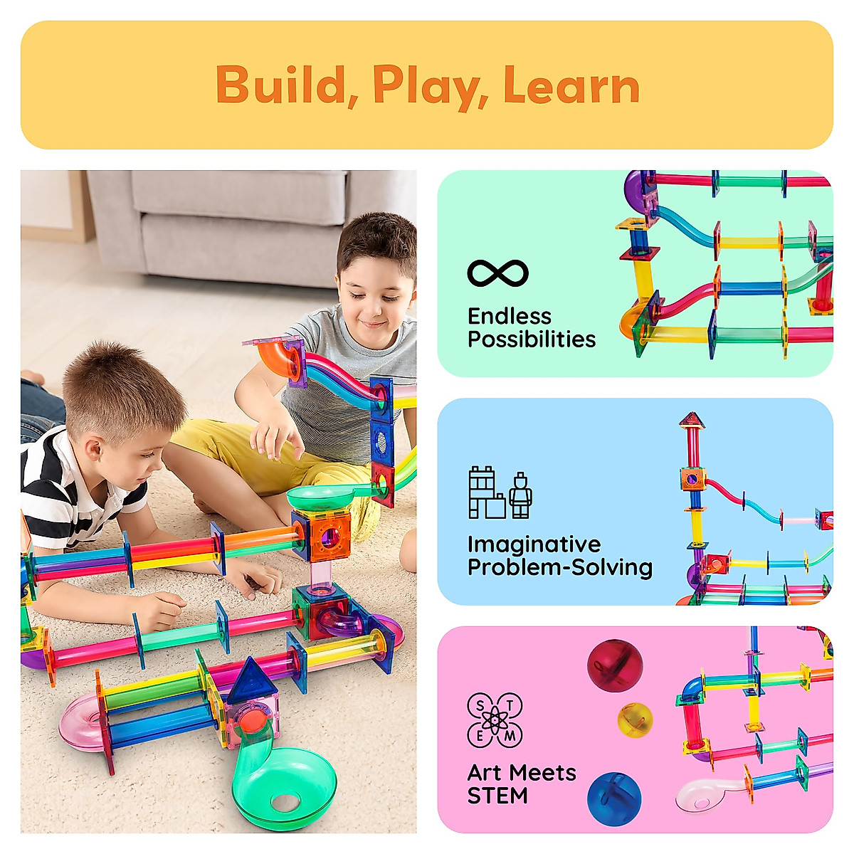 PicassoTiles Marble Run 120 Piece Magnetic Building Blocks Magnet Tile Construction Toy Playset STEM Learning Educational Block Child Brain Development Kids Toys for Boys and Girls Age 3 and Up