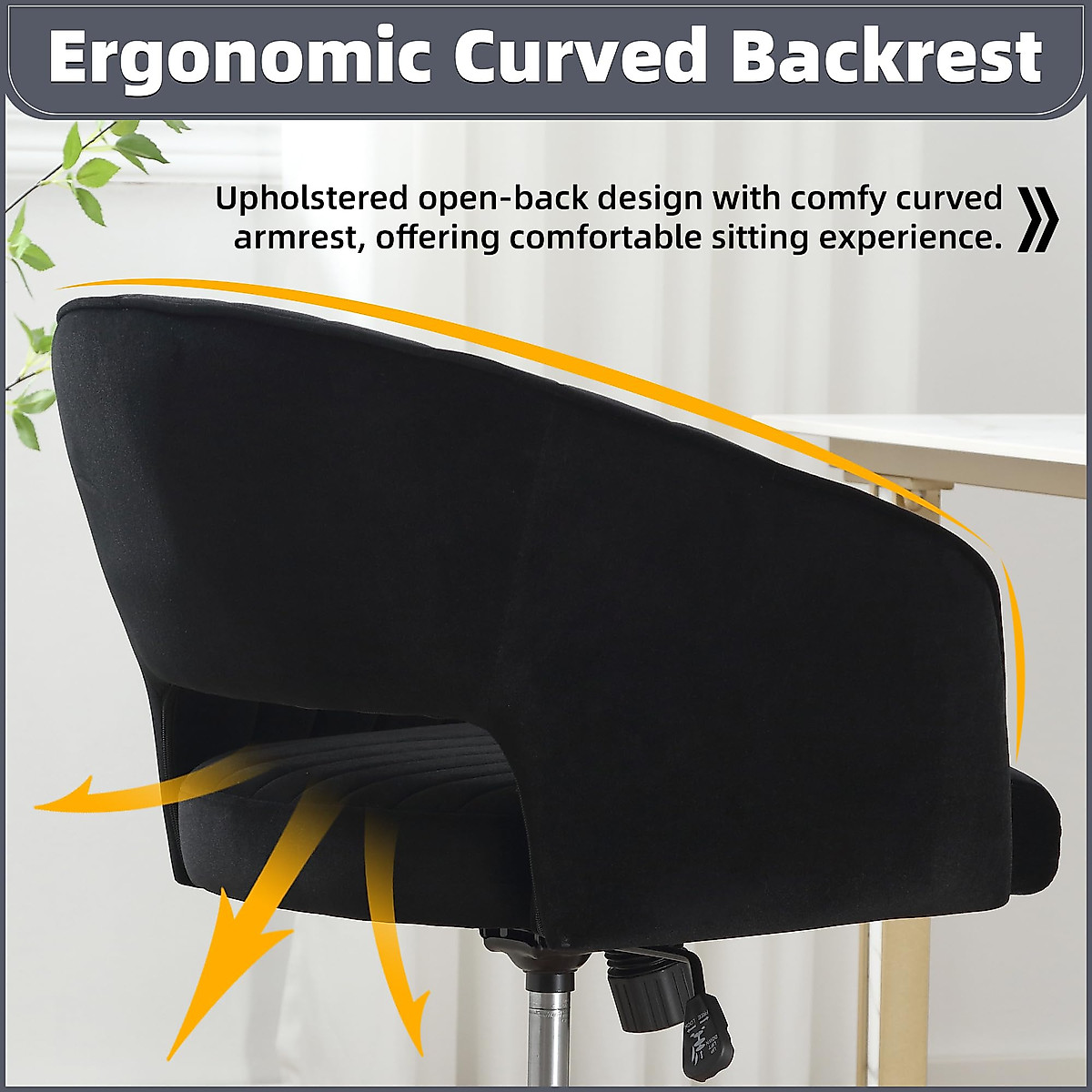 ABET Desk Chair with Wheels, Velvet Home Office Chair, Swivel Armchair Gold Base, Upholstered Modern Accent Chairs, Back Incline Adjustable for Living Room Bedroom Vanity, Black
