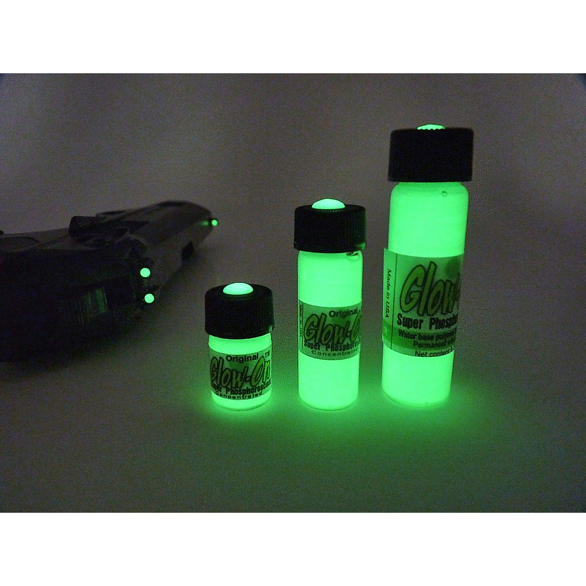 Glow-On Original, Original White Day Color and Green Glow. Gun Night Sights Paint, Small 2.3 ml vial. Concentrated Bright, Long Lasting Glow.