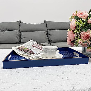 Umisriro Navy Blue Serving Tray with Handles, Plastic Decorative Tray for Ottoman, Coffee Table, Living Room, Kitchen 15.7”x10.2”