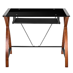 EMMA + OLIVER Black Glass Computer Desk with Pull-Out Keyboard Tray and Crisscross Frame
