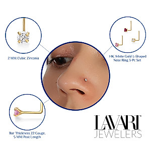 Lavari Jewelers 22 Gauge L-Shape Nose Ring Set for Women I 2mm White, Pink, and Red Cubic Zirconia Nose Ring I 14k Yellow Gold Nostril Piercing I 22G Hypoallergenic Unisex Stud I CZ Body Jewelry