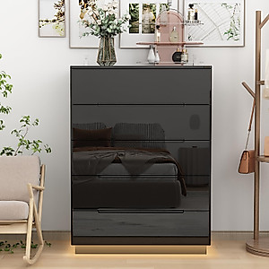 MOUMON High Gloss Dresser with LED Light Chest of Drawers, Glossy 5 Drawer Dresser with Curved Edge, Modern Dresser for Bedroom, Black 31.5”W x 15.7”D x 42.6”H