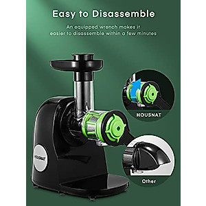 Juicer Machines, HOUSNAT Professional Celery Slow Masticating Juicer Extractor Easy to Clean, Cold Press Juicer with Quiet Motor and Reverse Function for Fruit & Vegetable, Brushes & Recipes Included, Black