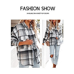 Womens Casual Plaid Shacket Flannel Button Down Long Sleeve Shirt Fall Jacket Shackets 6059 A-Grey Large