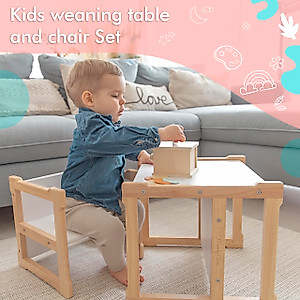 Kiddy Glee Montessori Weaning Table and Chair Set for Toddlers - Premium Wood Design for Childs Age 1-5, Kids Activity Table for Learning/Dining/Playing, Cube Chair, Lalo, 5 in 1 Montessori Furniture