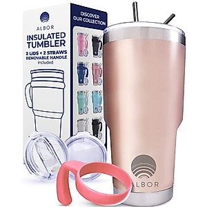 ALBOR Insulated Tumbler with Lid and Straw - 30 oz Insulated Coffee Mug with Handle, Travel Coffee Mug with 2 Lids, 2 Metal Straw, Brush and Storage Bag, Rose Gold