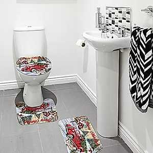Jlong 4 Pcs Christmas Shower Curtain Sets with with Non-Slip Rugs, Toilet Lid Cover and Bath Mat, Vintage Truck Xmas Tree Winter Snowman Farmhouse Waterproof Bathroom Curtain Set with 12 Hooks