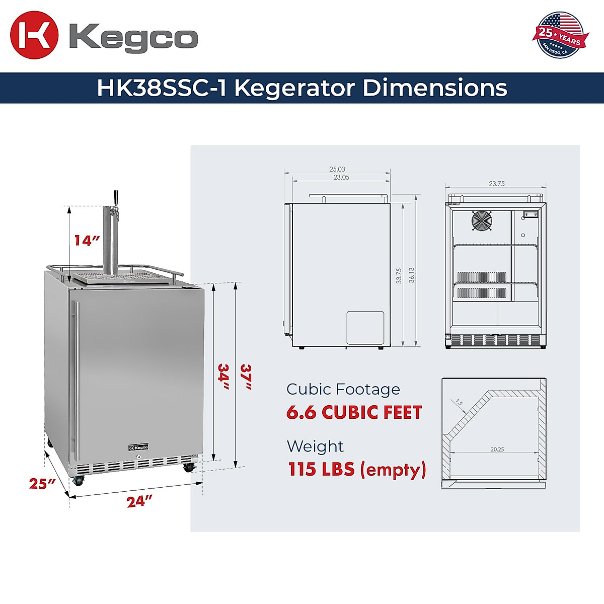 Kegco Kegerator 24" Wide Single Tap Stainless Steel Commercial Beer Dispenser HK38SSC-1