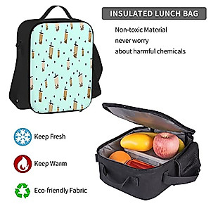 3 Piece Backpack Set Boba Tea On Blue Background, Bubble Tea, Milk Tea With Black Pearl School Bag,Travel Camping Daypack Students Bookbag Pencil Case Lunch Bag Combination