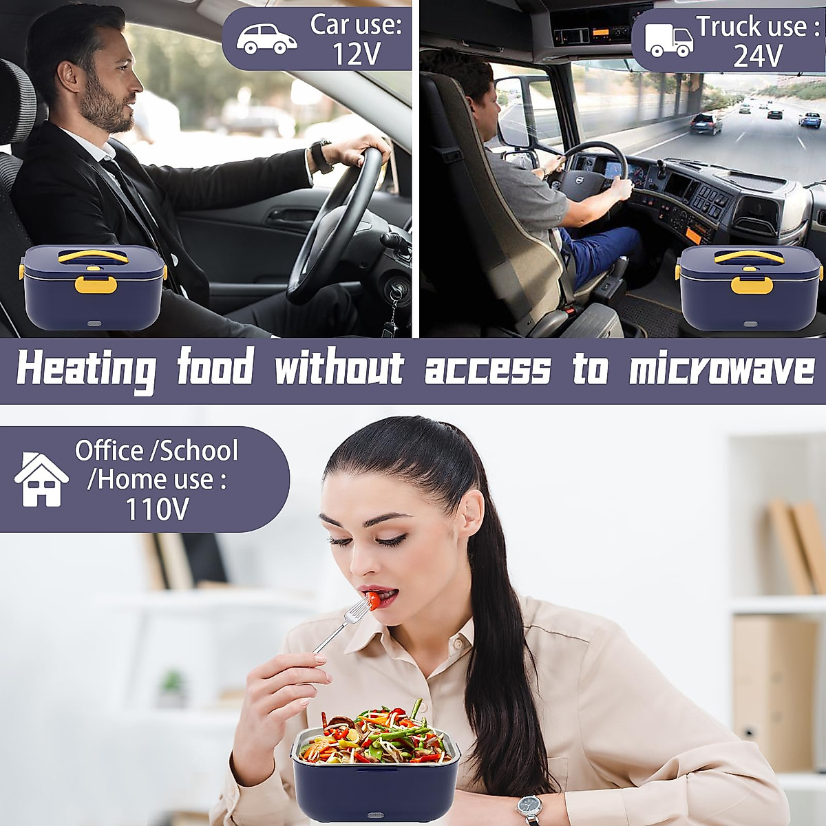 2L Electric Lunch Box,80W Portable Food Warmer Lunch Box Fast Heated Lunch Boxes for Adults,Rechargeable 12V 24V 110V Self Heating Lunch Box for Car Truck Work with SS Container Fork Spoon Carry Bag