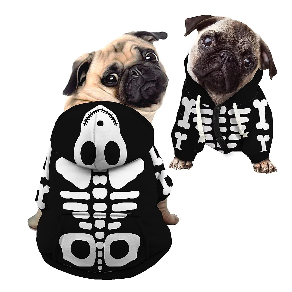 Howilath Dog Bone Halloween Costume, Dog Skeleton Hoodie Pet Clothes, Skull Zipper Clothes for Dogs, Sweatshirt with Hat, Dog Cat Hooded Shirts Sweatshirts - M