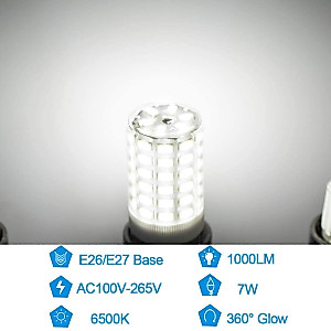 E26/26mm Big Medium Base Screw LED Refrigerator Light Bulb Appliance Bulb 7W (60W-70W Equivalent) Non-dimmable Cool White 6500K 1000 Lumen AC100V-265V Floor Lighting Decorative Corn Lamp Pack of 1