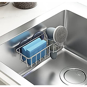 TESOT Sink Caddy Sponge Holder Brush Holder 2 in 1 with Upgraded Suction Cups or Using Adhesive Hooks, SUS304 Stainless Steel, Silver
