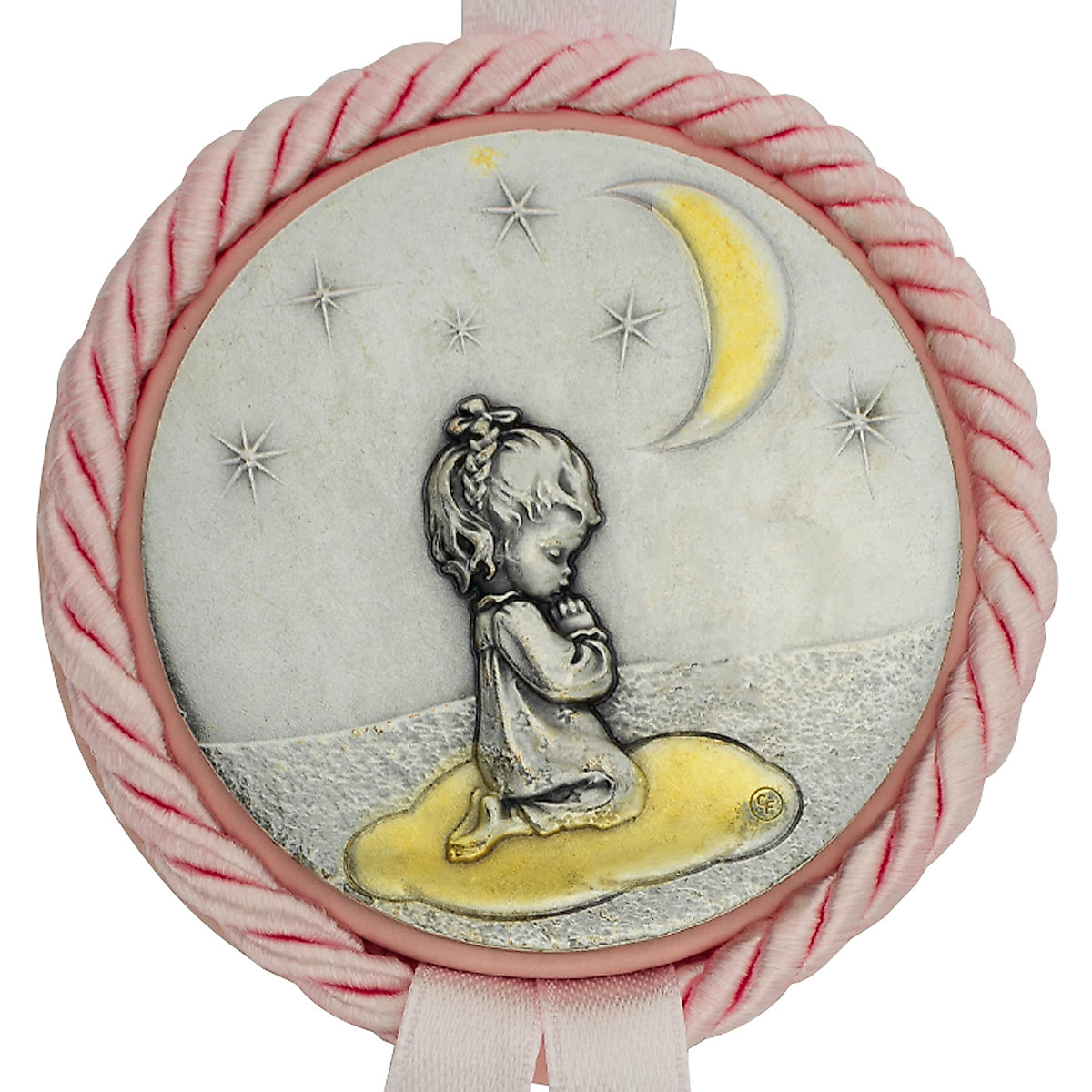 Crib Medal | Christian Religious Décor for Nursery | Great Gift for Baptism, Christening, or New Baby | Features Guardian Angel, Praying Child, or Holy Family | Made in Italy (Pink Praying Girl)