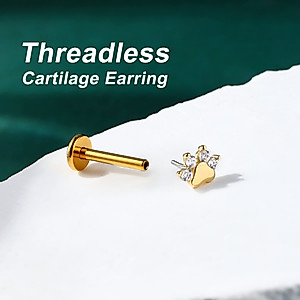 COCHARM 14K Solid Gold Helix Earring Stud 16g Dog Paw Flat Back Helix Piercings Yellow Gold Push in Tragus Earrings Threadless Tragus Stud 14K Gold Tragus Piercing Jewelry