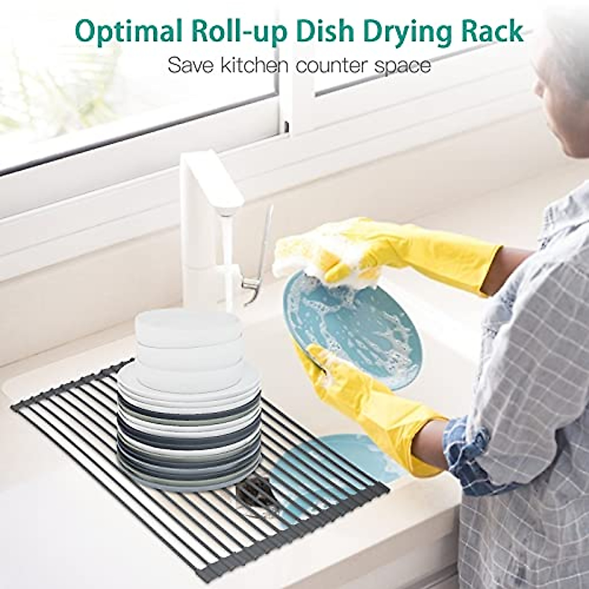 Roll Up Dish Drying Rack, 20.4’’ x 14.1’’ Over The Sink Multipurpose Roll Up Dish Rack Kitchen Portable Roll Up Sink Drying Rack, Anti-Slip Silicone Rolling Dish Drainer for Kitchen Counter