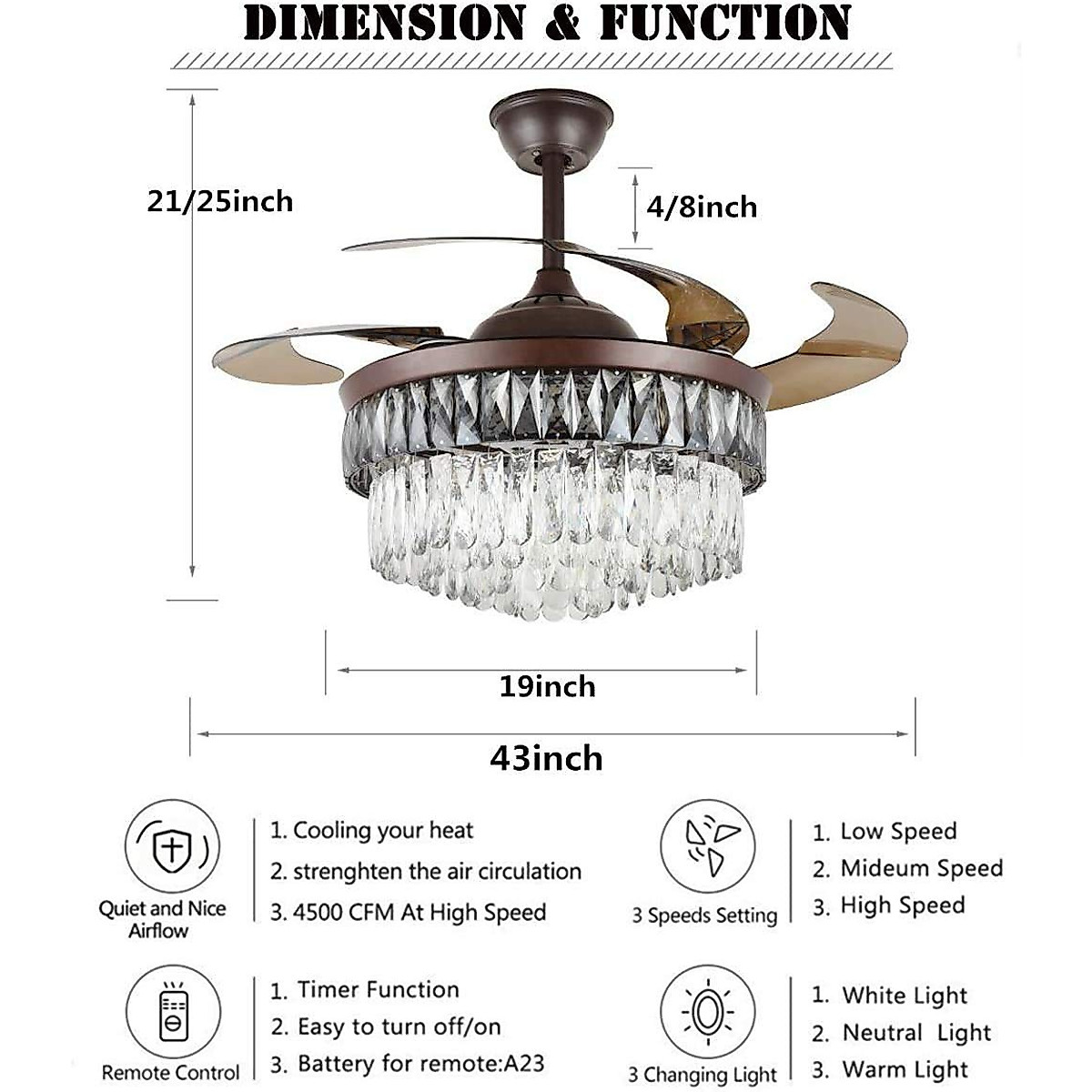 Ruiwing 42" Luxury Ceiling Fan Contemporary Chic Crystal Chandelier Fan Brown Retractable Ceiling Fans Light LED 3 Color Setting for Bedroom Living Room