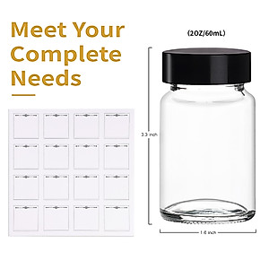 16 Pack 2 oz Glass Shot Bottles with Black Lids & Labels, Wide Mouth 60 ml Small Glass Bottles for Ginger, Leakproof Travel Mini Clear Jars for Wellness Shot, Juice - Dishwasher Safe
