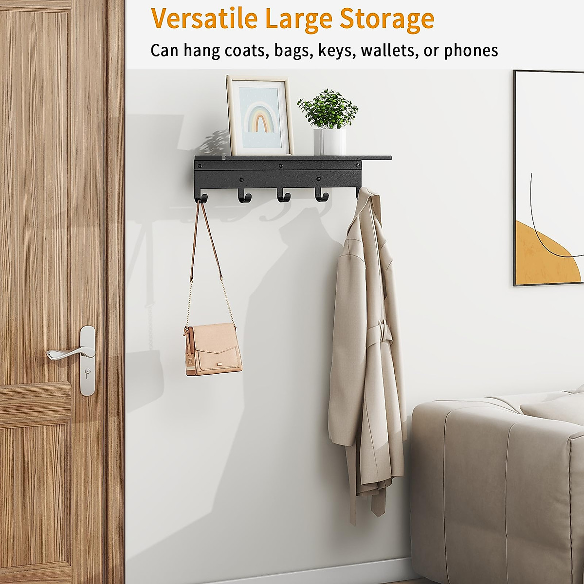 Bethom Wall Shelf with Hooks, Metal Coat Rack Wall Mounted with 5 Hooks, 17 Inch Length Entryway Coat Hangers Storage Clothes, Bags, Purse, Keys for Living Room, Bedroom, Black