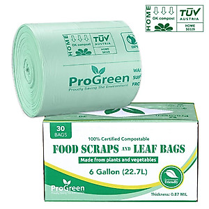 ProGreen Compostable Trash Bags, Extra Thick, Compost Kitchen Bin Bags, Food Scraps Yard Waste Bags, ASTM D6400 BPI and TÜV AUSTRIA Certified (6 Gallon, Pack of 30)