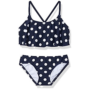 Kanu Surf Girls' Karlie Flounce Bikini Beach Sport 2 Piece Swimsuit, Suzie Navy Dot, 12