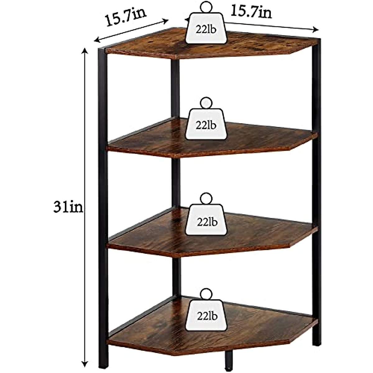 VECELO 31" Corner Shelf, 4-Tier Display Shelves, Wood Storage Stand with Metal Frame, Multipurpose Shelving Unit for Small Space, Home Office, Rustic Brown