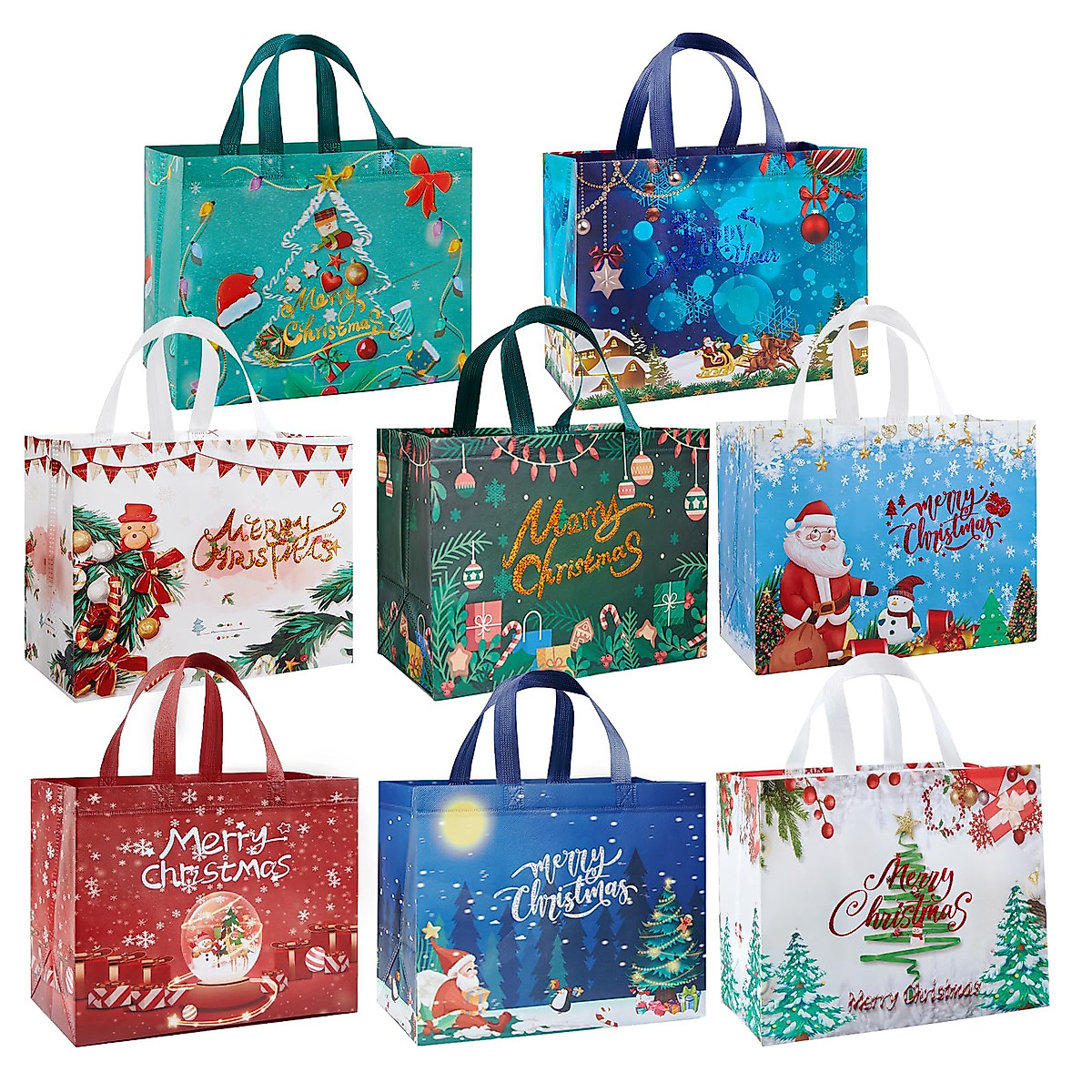 YANGTE 8 Pack Christmas Gift Bags with Handles, Large Non-Woven Tote Bags for Wrapping Xmas Party Favors, 12.8"x9.8"x6.7