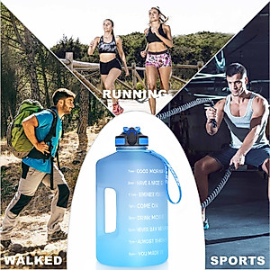 SLUXKE Gallon Water Bottle with Time Marker BPA Free, 128oz Huge Sports Water Bottle with Handle and Straw Leak Proof, One Click Open Big Water Jug Blue Blue