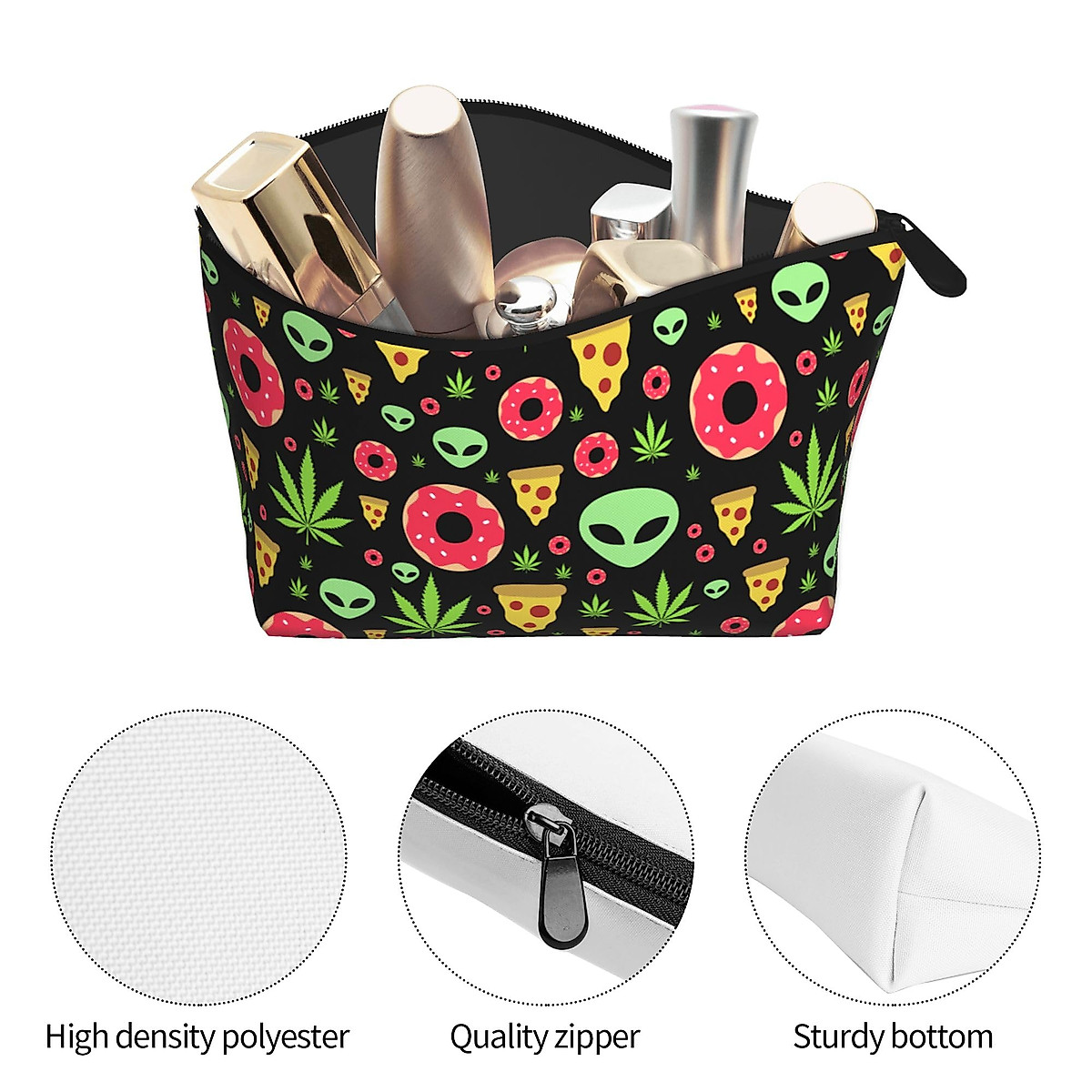 Lightweight Travel Portable Cosmetic Bag Compatible with Alien Donut Pot Leaf Weedleaf Pizza Black, Casual Toiletry Makeup Carrying Pouch Multifunction Coin Cash Storage Cases for Women