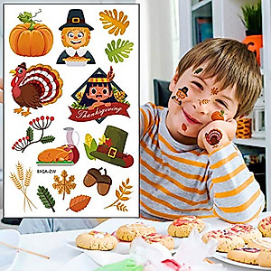 Konsait 130PCS Thanksgiving Tattoo,Thanksgiving Fall Autumn Leaves Tattoos Turkey Day Accessories Autumn Harvest Maple Festival Seasonal Decorations for Kids Girls Boy Gift